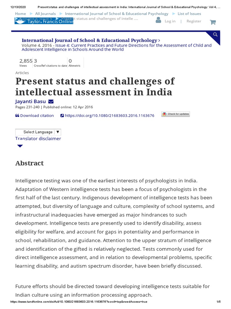 Present Status and Challenges of Intellectual Assessment in India ...