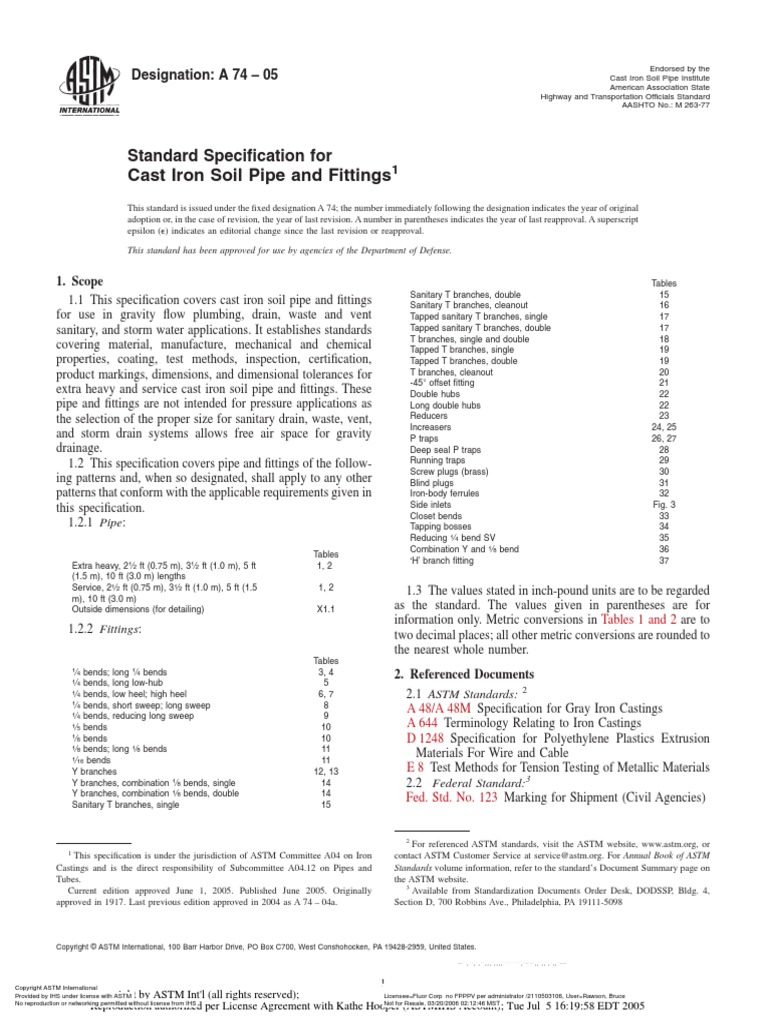 ASTM A74 - Cast Iron Soil Pipe and Fittings PDF | PDF | Plumbing | Pipe ...