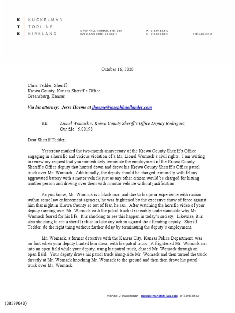 Lionel Womack Attorney Letter To Sheriff Oct 16 2020 | PDF | Sheriffs ...