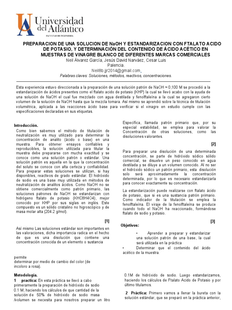 PREPARACION DE UNA SOLUCION DE NaOH Y ESTANDARIZACION CON FTALATO ACIDO ...