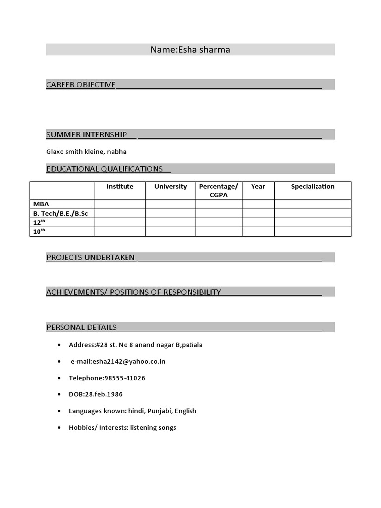 Curriculum Vitae Draft Pdf