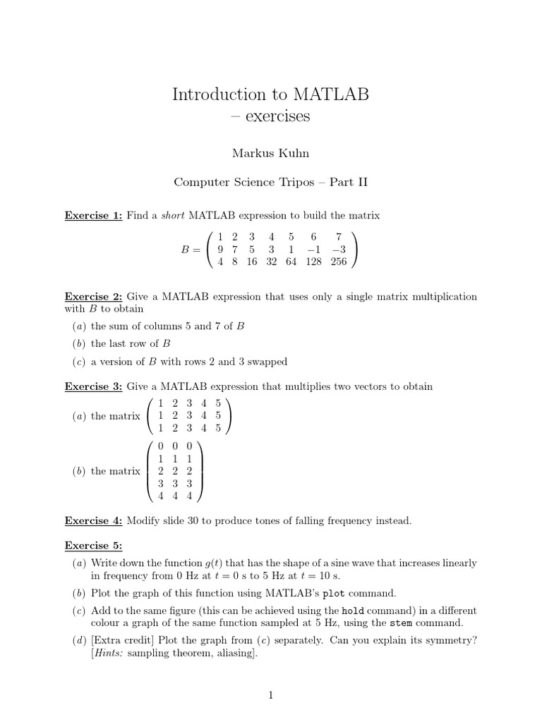 Matlab Exercises PDF | PDF