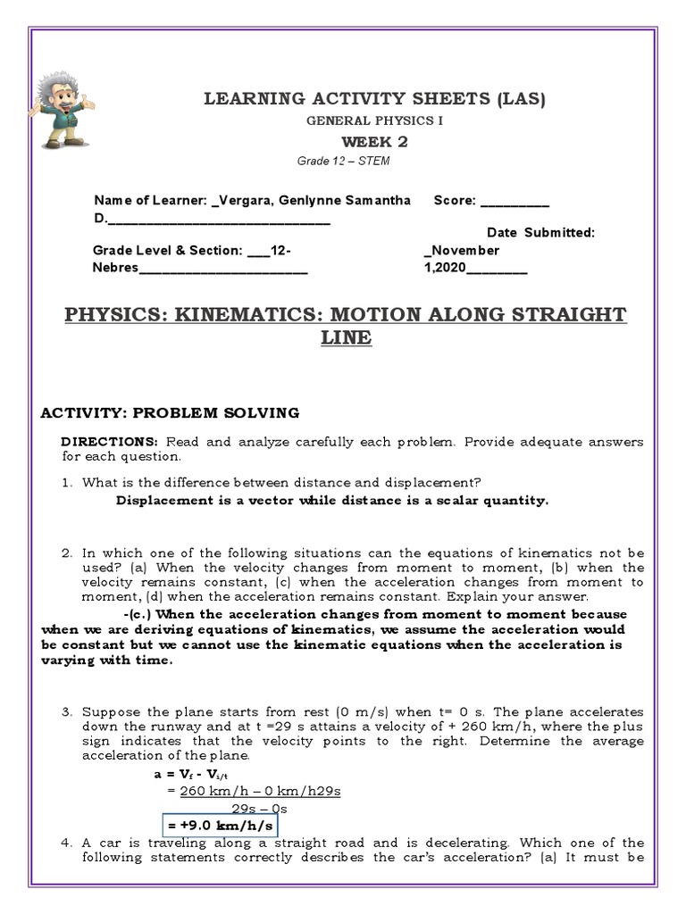 Physics: Kinematics: Motion Along Straight Line: Learning Activity Sheets (Las) | PDF ...