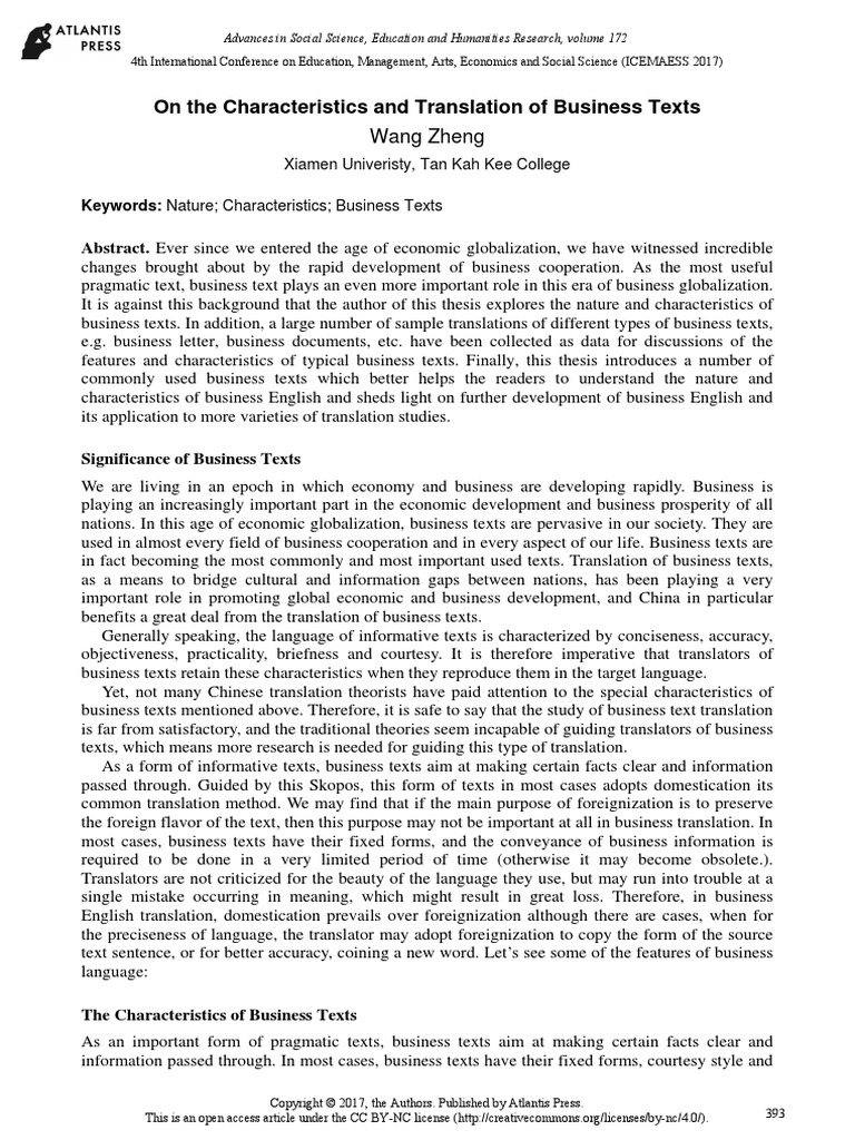 On The Characteristics and Translation of Business Texts: Wang Zheng ...