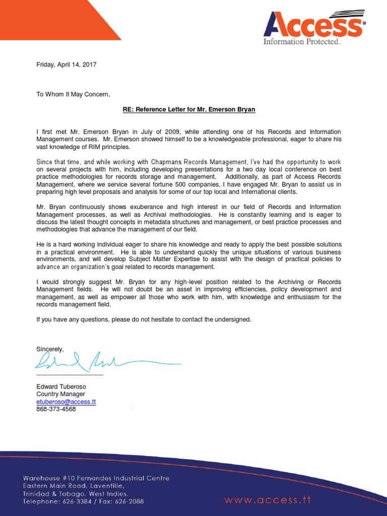 RE: Reference Letter For Mr. Emerson Bryan: Etuberoso@access - TT | PDF