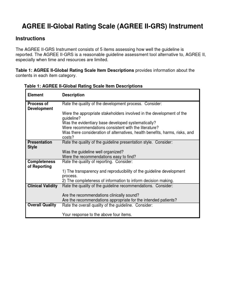 AGREE II-Global Rating Scale (AGREE II-GRS) Instrument: Instructions ...
