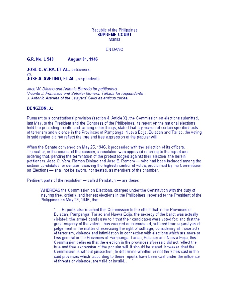Vera Vs Avelino G.R. No. L-543 August 31, 1946 | PDF | United States ...