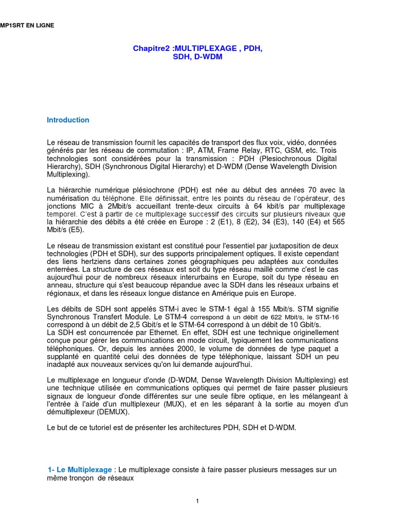 Chapitre 2 Multiplexage, PDH, SDH PDF | PDF | Équipement de télécommunications | Électrotechnique