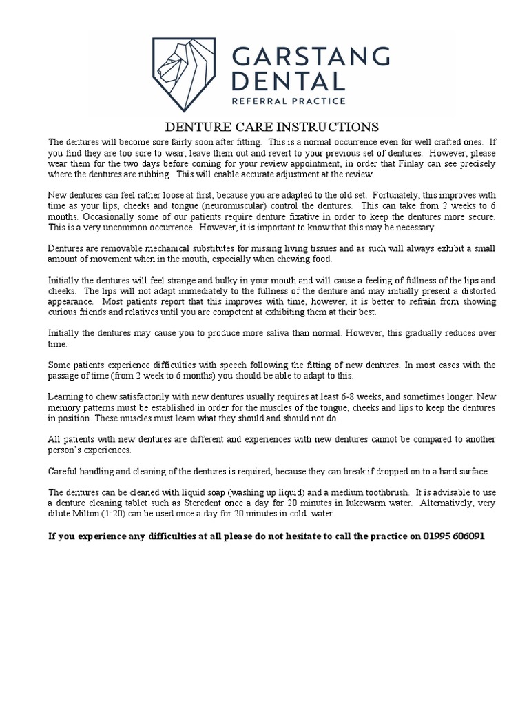 Denture Care Instructions | PDF | Dentures | Mouth