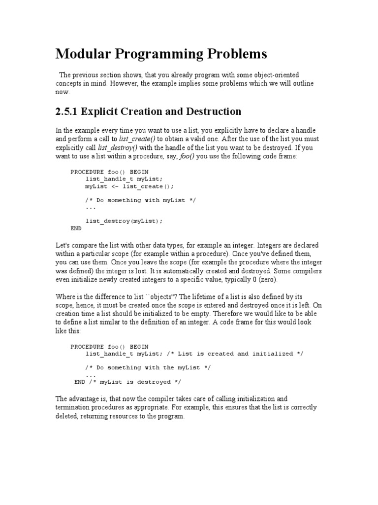 Modular Programming Problems: 2.5.1 Explicit Creation and Destruction | PDF | Scope (Computer ...