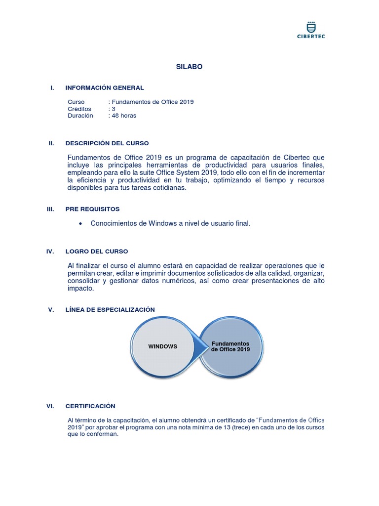 Sílabo Fundamentos de Office 2019 - 48 Horas | PDF | Microsoft Office ... Sílabo Fundamentos de Office 2019 - 48 Horas | PDF | Microsoft Office ...