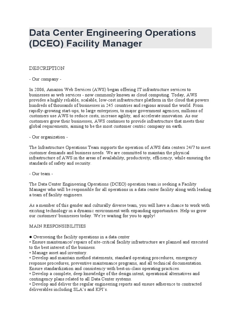 Data Center Engineering Operations | PDF | Amazon Web Services | Data ...