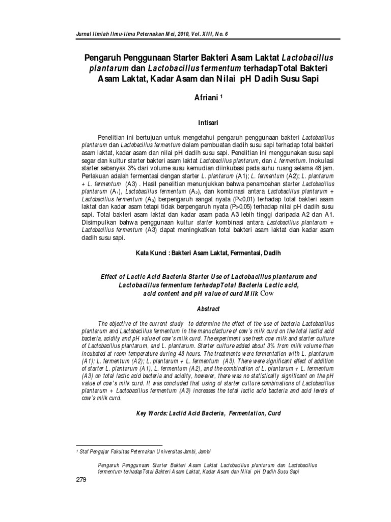 Pengaruh Penggunaan Starter Bakteri Asam Laktat Asam Laktat, Kadar Asam Dan Nilai PH Dadih Susu ...