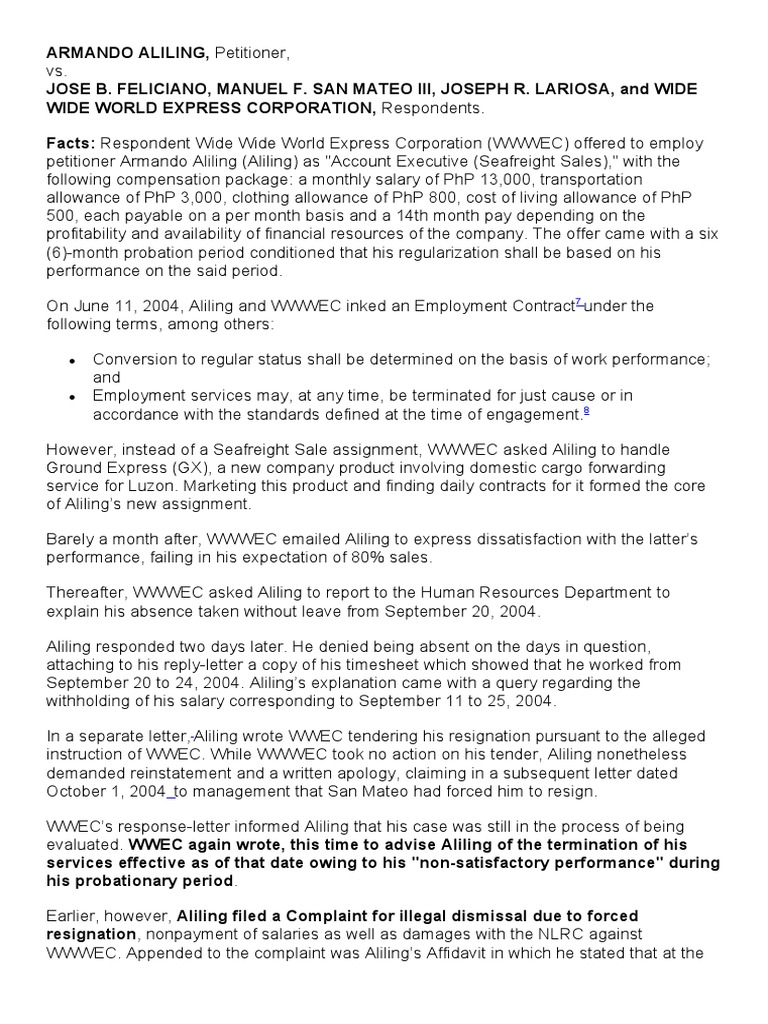 Aliling Vs Express World | PDF | Good Faith | Employment