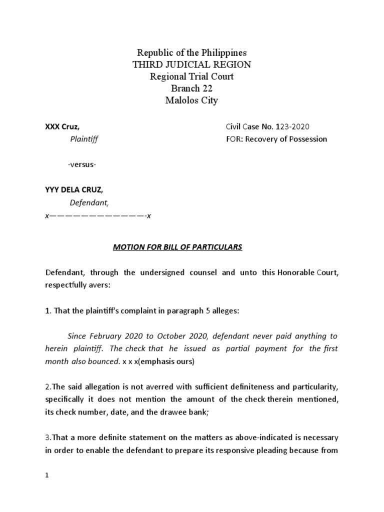 Motion for Bill of Particulars in Court | PDF | Pleading | Civil Law (Common Law)