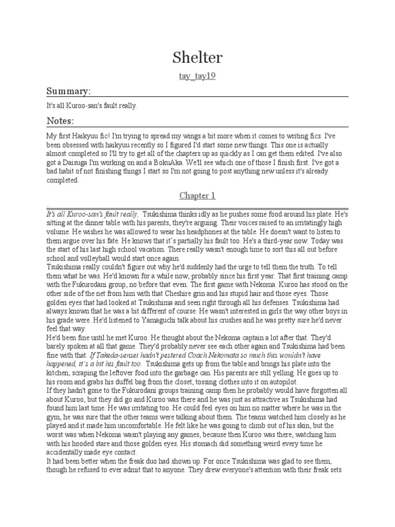 Chapter 12345 of Shelter Ao3 Haikyuu | PDF | Clothing