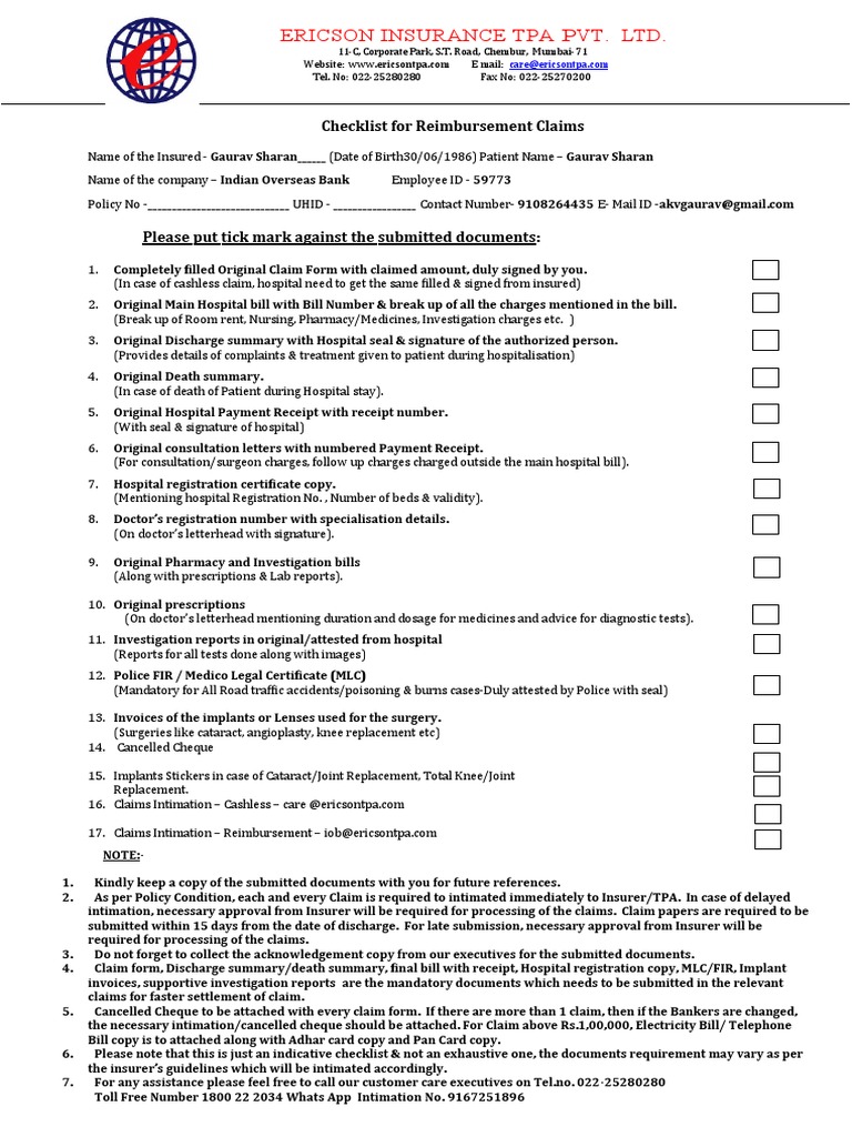 Ericson Insurance Tpa Pvt. LTD.: Checklist For Reimbursement Claims | PDF