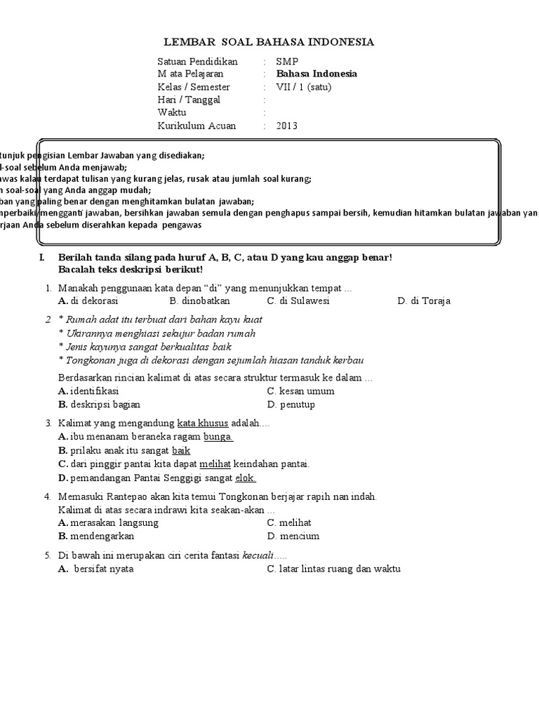 01 Soal Bhs. Indonesia Kls 7-Dikonversi | PDF