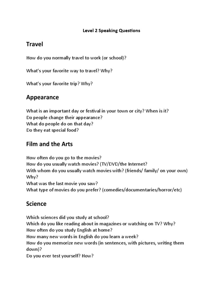 Level 2 C2 Speaking Questions | PDF