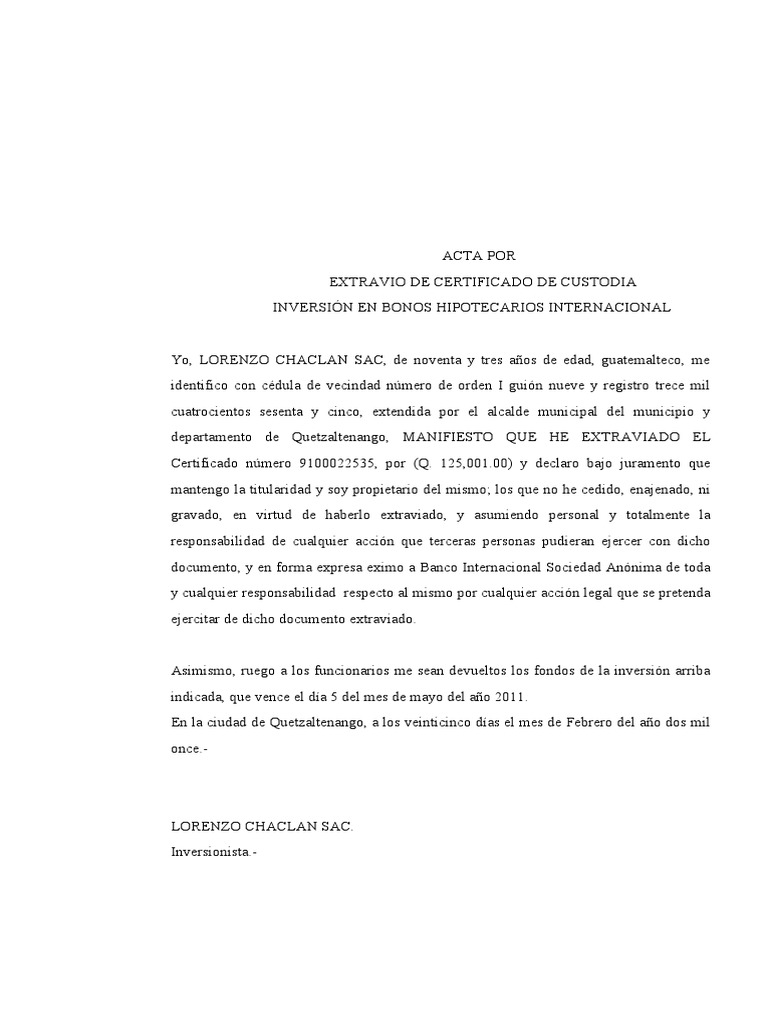 Acta Por Extravio de Certificado de Custodia. | PDF