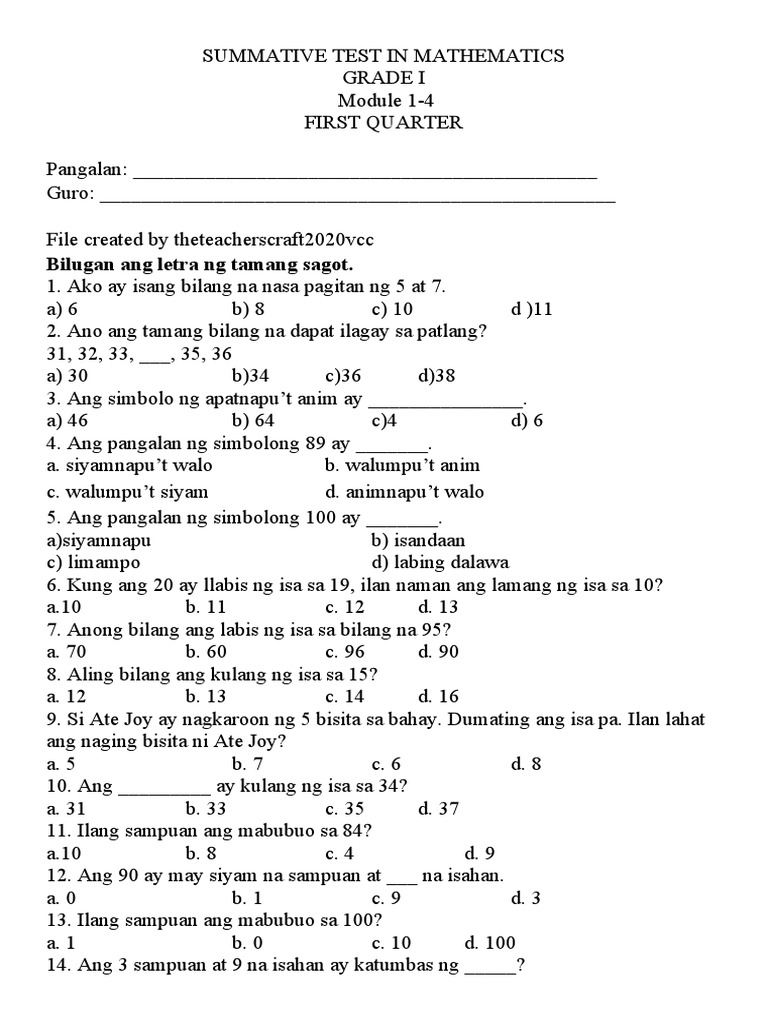 Summative Test in Mathematics | PDF