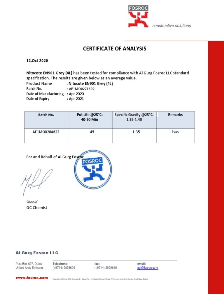 COA - Nitocote EN901 Grey - 19-02-20 | PDF