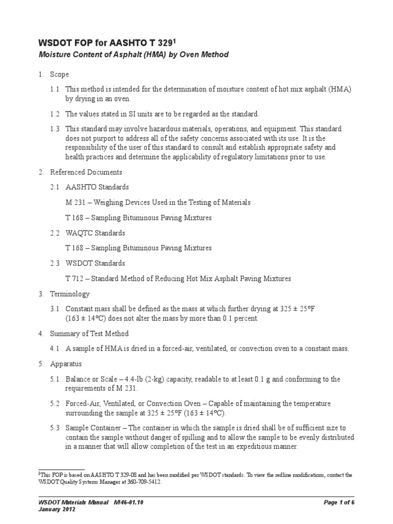 Wsdot Fop For Aashto T 329: Moisture Content of Asphalt (HMA) by Oven ...