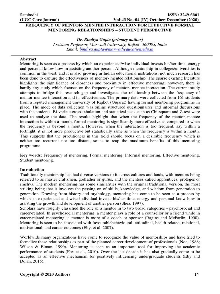 FREQUENCY OF MENTOR - MENTEE INTERACTION FOR EFFECTIVE FORMAL MENTORING ...