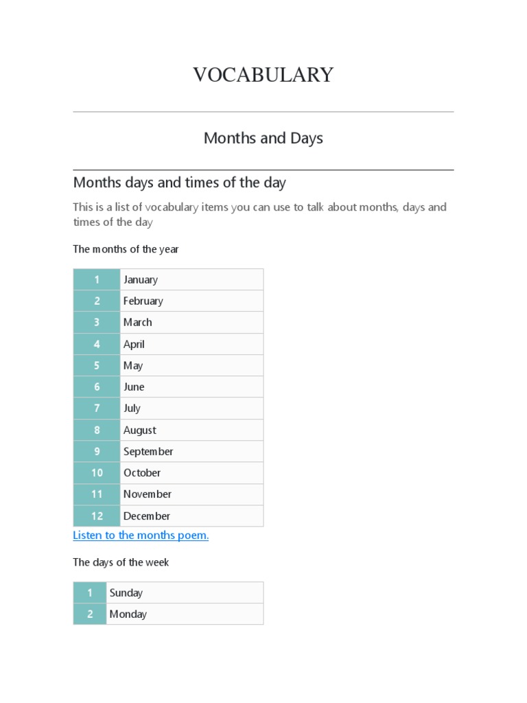 Vocabulary: Months and Days | PDF | Language Arts & Discipline
