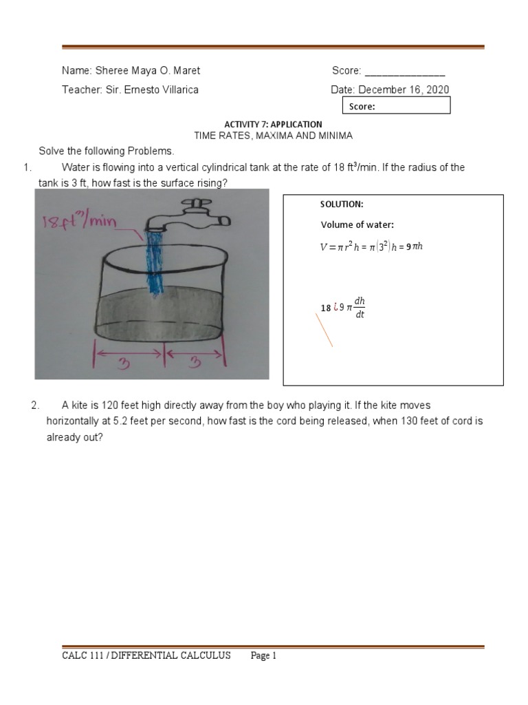 Activity 7: Application Time Rates, Maxima And Minima: V =π r h = π h ...