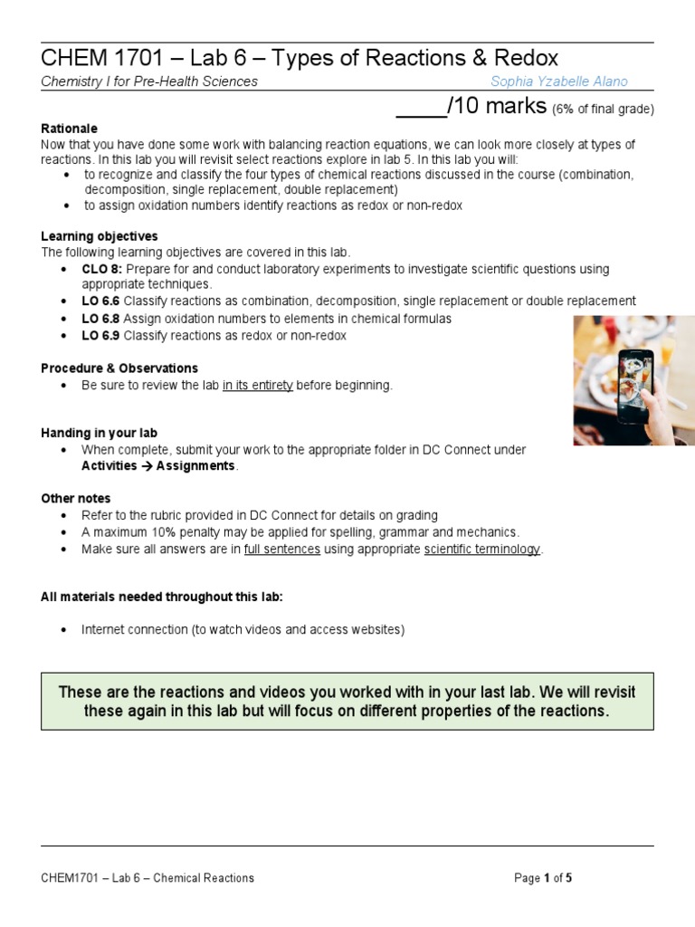 CHEM 1701 - Lab 6 - Types of Reactions & Redox - /10 Marks | Download ...