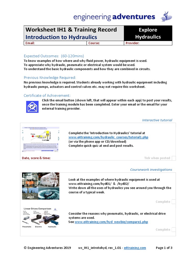 Introduction To Hydraulics: Worksheet IH1 & Training Record | PDF ...