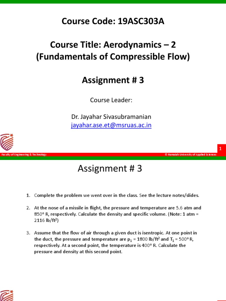 Course Code: 19ASC303A Course Title: Aerodynamics - 2 (Fundamentals of Compressible Flow ...