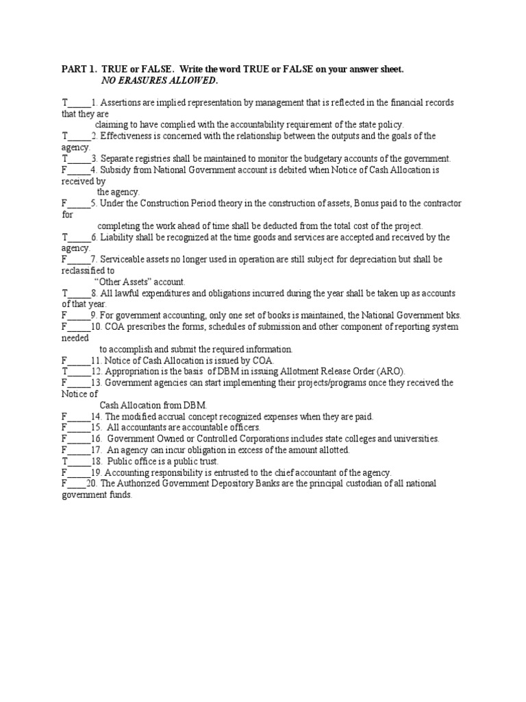 PART 1. TRUE or FALSE. Write The Word TRUE or FALSE On Your Answer ...