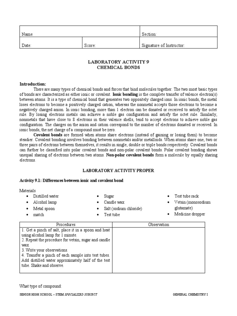 Name Section: Date: Score: Signature of Instructor:: Laboratory ... Name Section: Date: Score: Signature of Instructor:: Laboratory ...