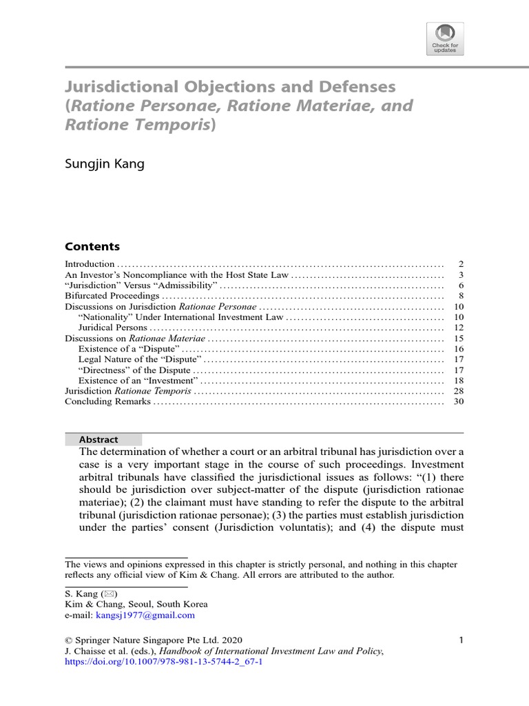 Jurisdictional Objections and Defenses (Ratione Personae, Ratione ...