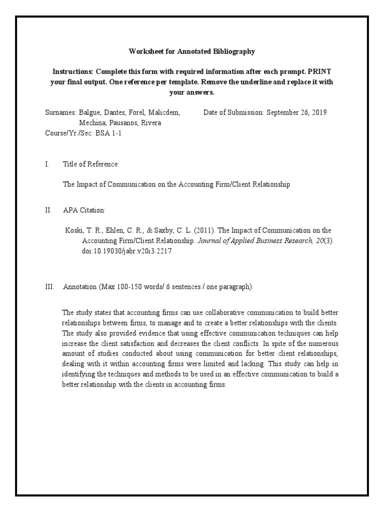 Worksheet For Annotated Bibliography | PDF | Information | Citation