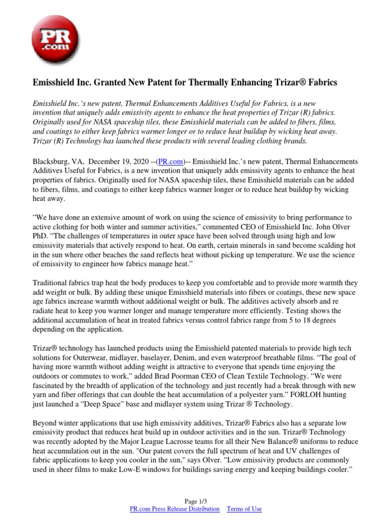 Emisshield Inc. Granted New Patent For Thermally Enhancing Trizar ...