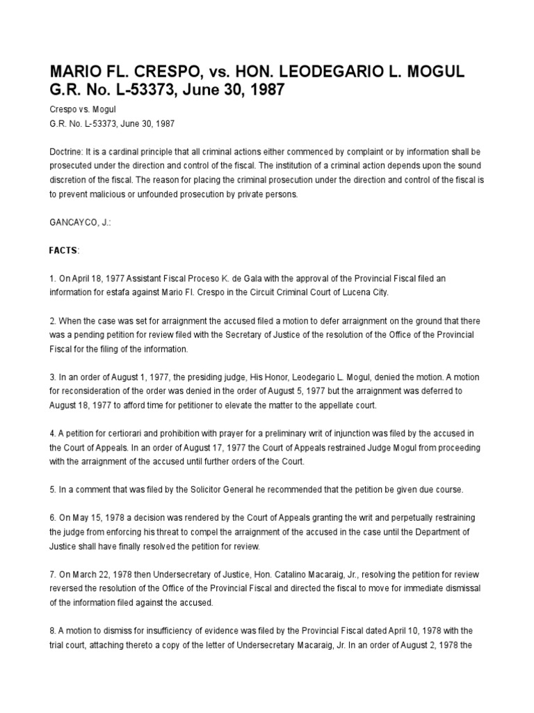 Mario Fl. Crespo, vs. Hon. Leodegario L. Mogul G.R. No. L-53373, June 30, 1987 | Download Free ...