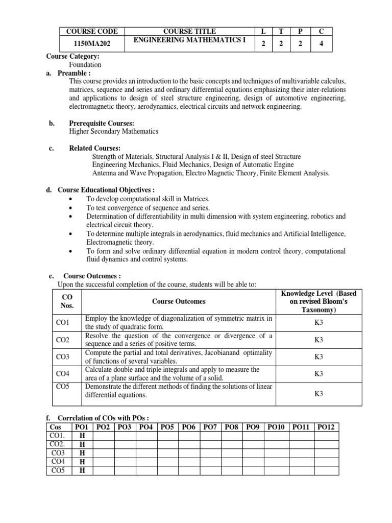 1150MA202ENGINEERINGMATHEMATICSI (1) Syllabus | PDF | Differential ...