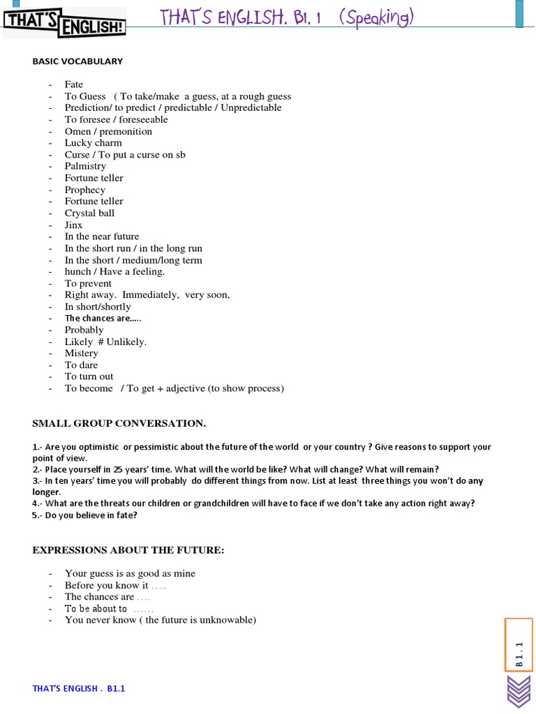 Basic Vocabulary Related To The Future | PDF