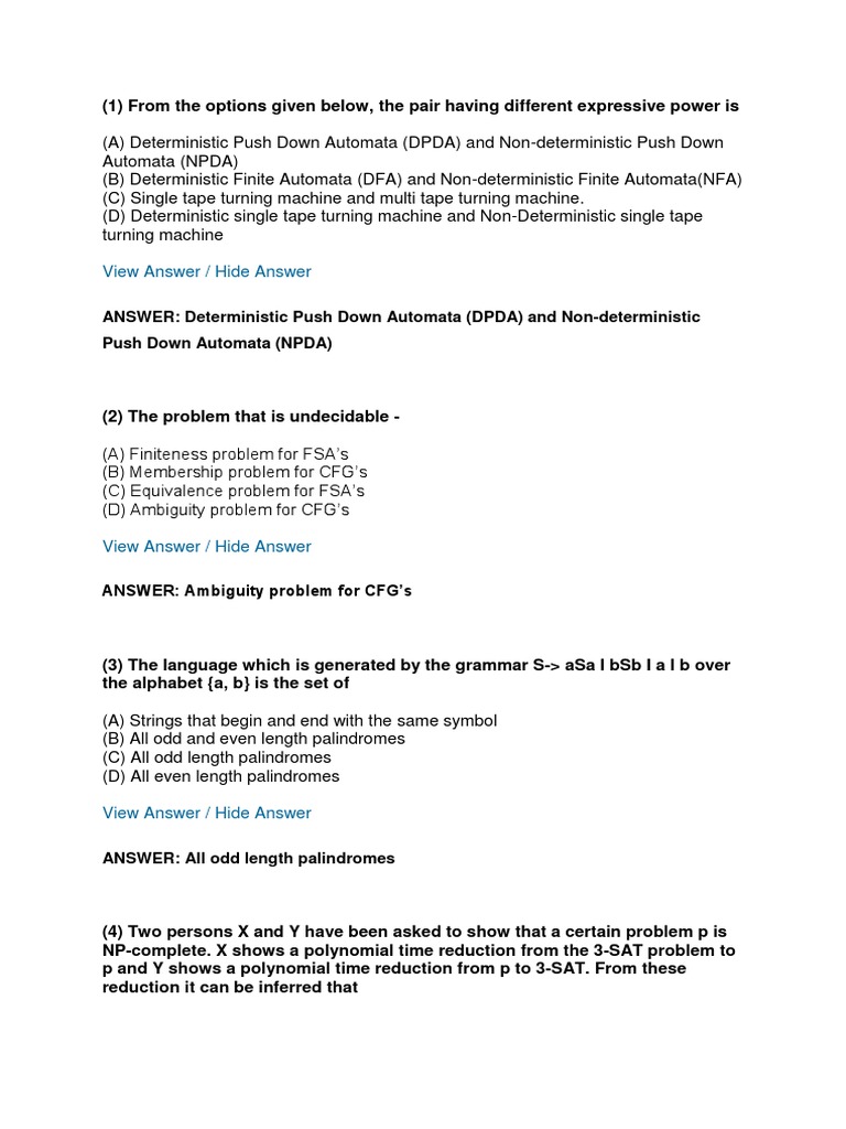 Theory of Computation MCQ Sets | PDF | Parsing | Formalism (Deductive)