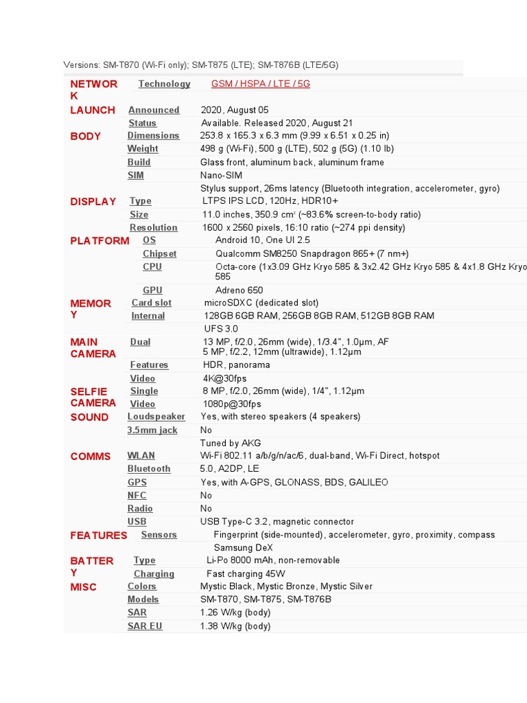 Samsung Tab Specifications | PDF | Smartphone | Consumer Electronics