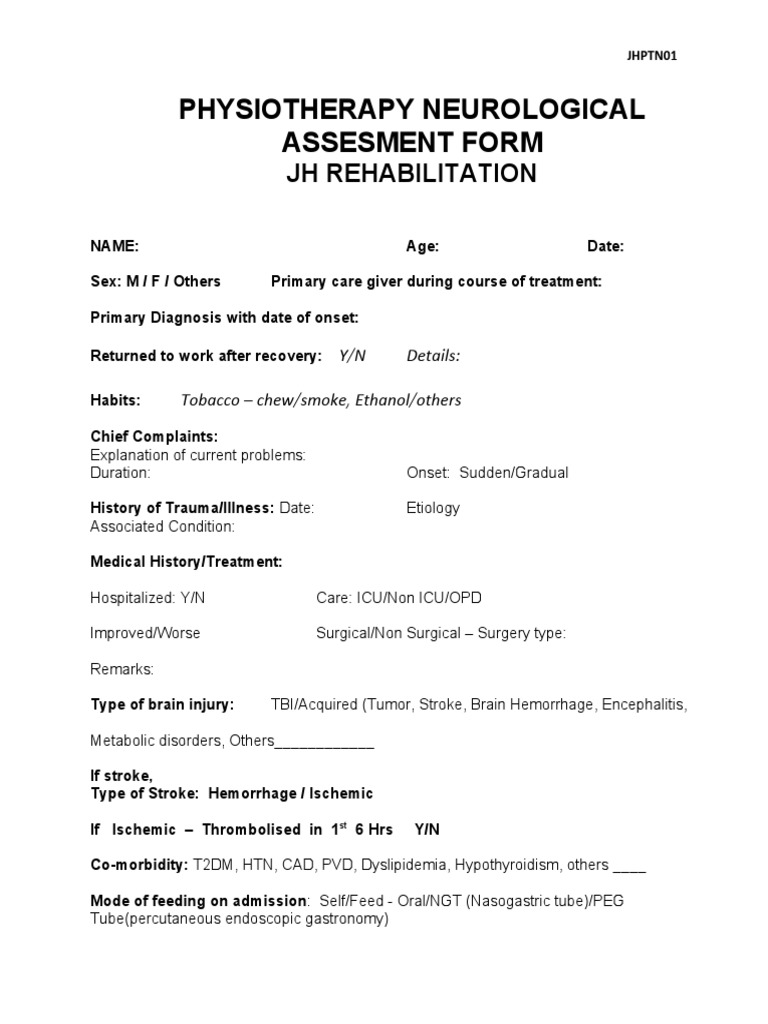 Physiotherapy Neurological Assesment Form: JH Rehabilitation | PDF ...