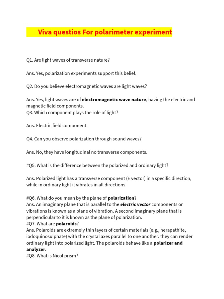 Viva Questios For Polarimeter Experiment | PDF | Polarization (Waves ...
