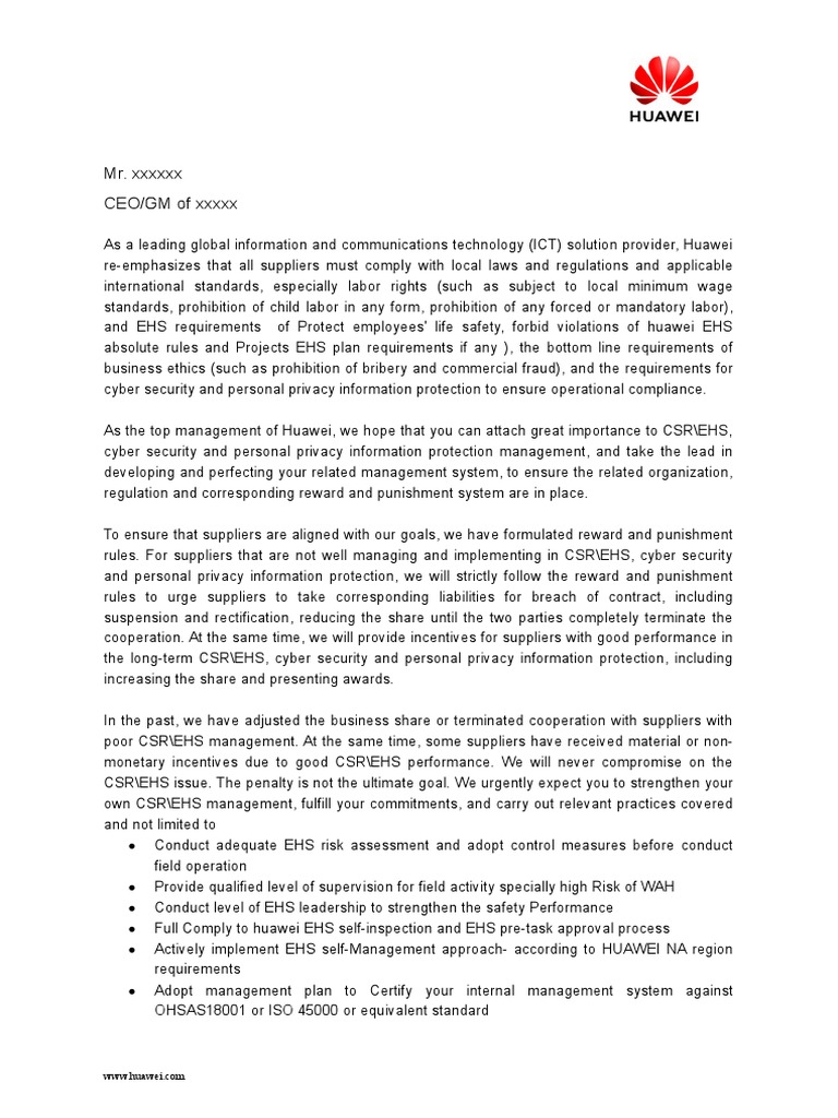 A Template of The Letter To Subcon High Management - (CSR) V4. | PDF ...