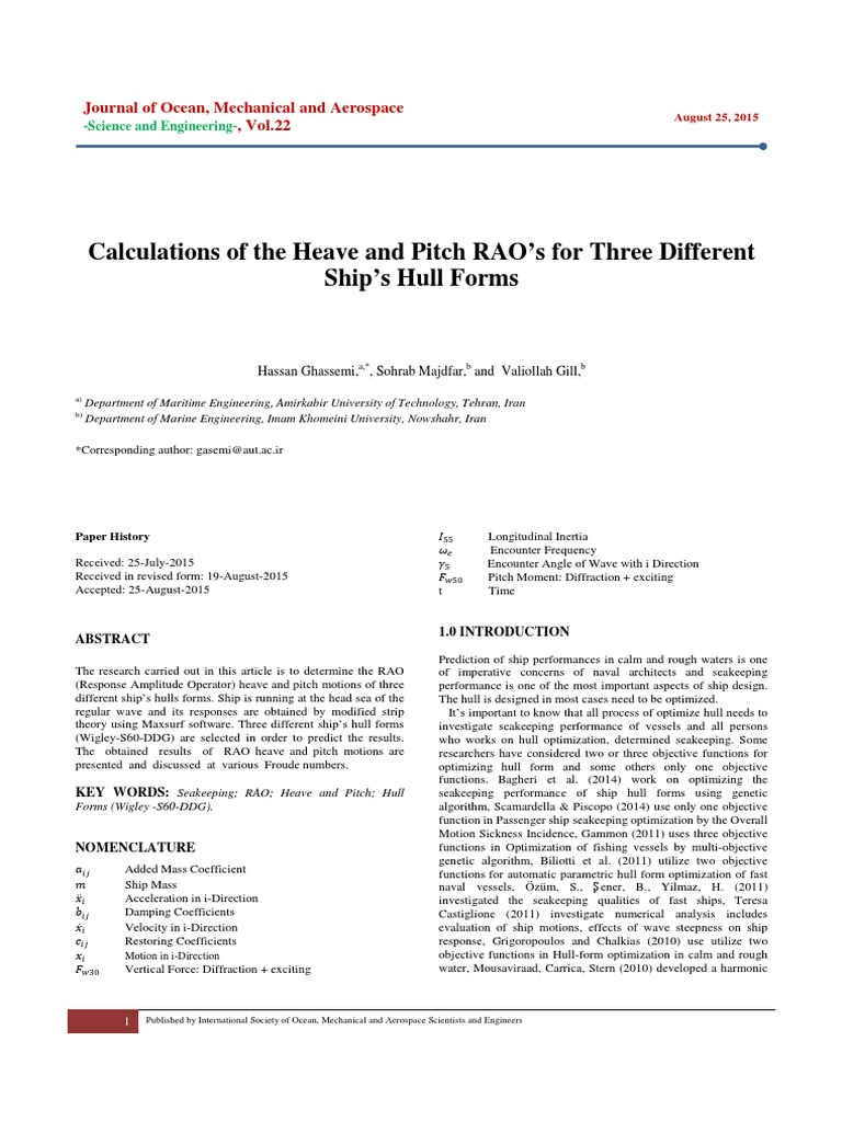 Calculations of the Heave and Pitch RAO’s for Three Ship Hull Forms ...