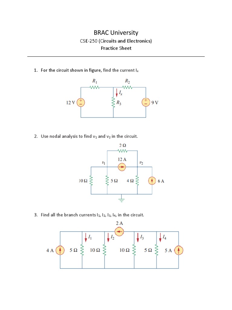 BRAC University: CSE-250 (Circuits and Electronics) Practice Sheet | PDF