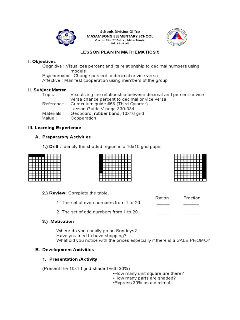 LESSON PLAN IN MATHEMATICS 5 3q (9pcs.) | PDF | Decimal | Fraction ...