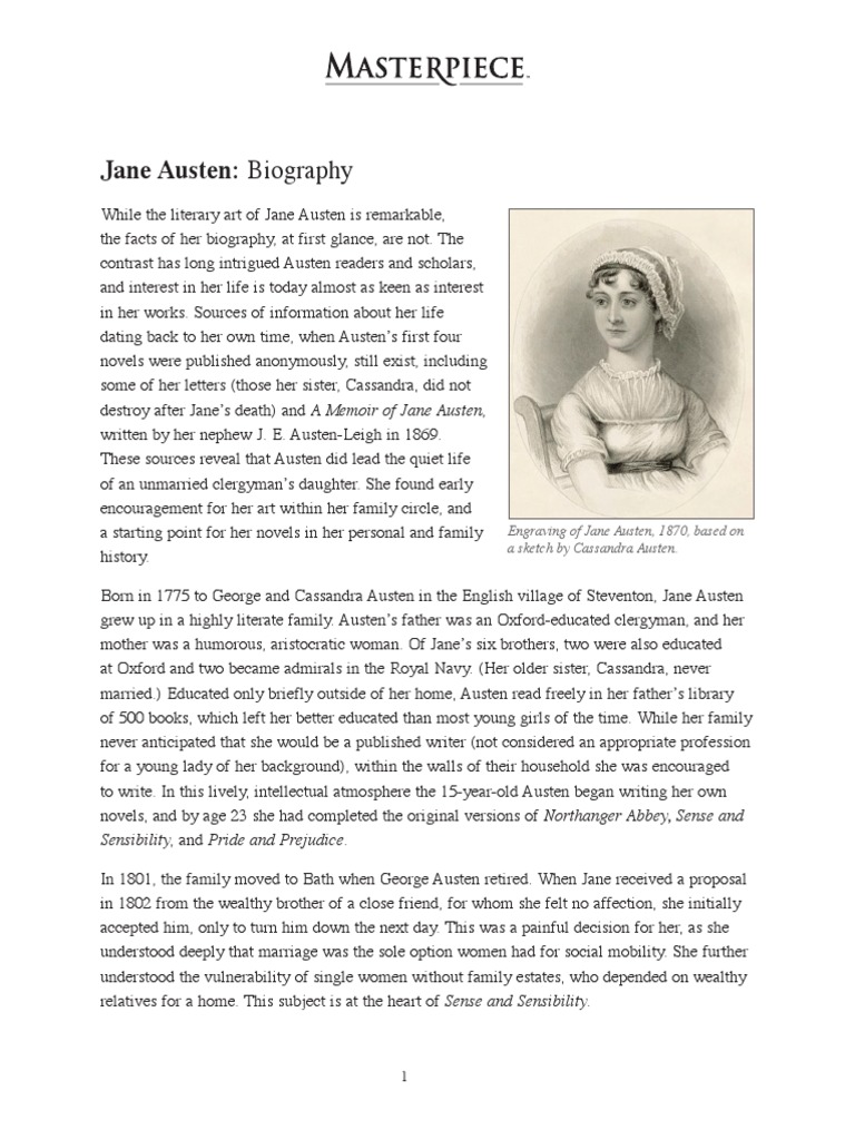 Jane Austen: Biography: Sensibility, and Pride and Prejudice | PDF ...